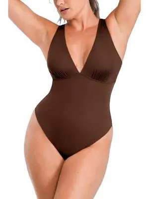 SHAPELLX AirSlim Deep V-Neck Cross Back Shaping Bodysuit Mocha Brown