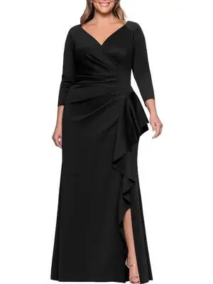 XSCAPE EVENINGS Ruched Scuba Knit Ruffle Gown - Black