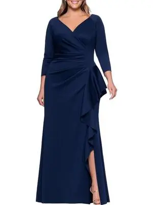 XSCAPE EVENINGS Ruched Scuba Knit Ruffle Gown - Midnight