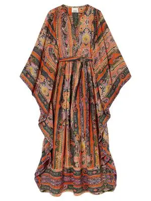 ISABEL MARANT Belted Embellished Printed Silk-Voile Maxi Dress