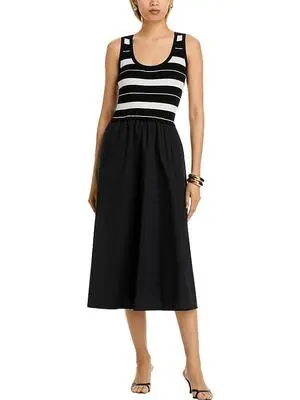 T Tahari Stripe Scoop Neck Mixed Media Midi Dress - Black/white