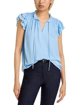 T Tahari Flutter Sleeve Split Neck Airflow Blouse - River Drop