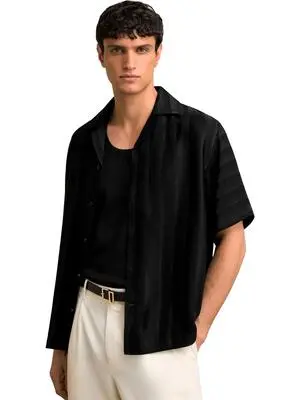 REISS Melba Jacquard Stripe Cuban Collar Shirt - Black