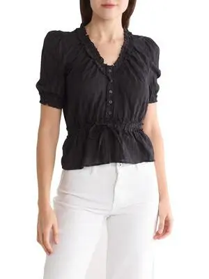 STEVE MADDEN Shadow Stripe Ruffle Cotton Button Top