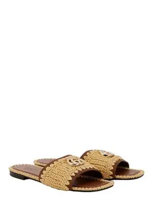 GUCCI Double G Raffia And Leather Slides