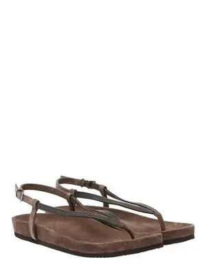 Brunello Cucinelli Monili Suede Thong Sandals - Brown