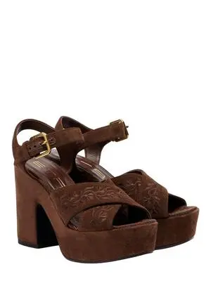 Etro Floral Embroidered Suede Platform Sandals - Brown