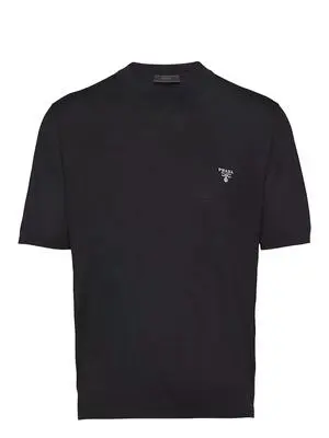 Prada Crew Neck Wool Jumper With Embroidered Logo - Black