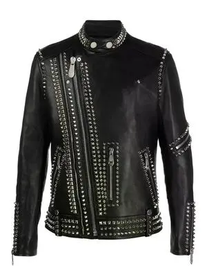 Philipp Plein Rockstud Embellished Leather Biker Jacket - Black