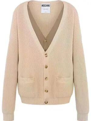 Moschino Ribbed-knit Cardigan With Logo Plaque - Neutrals