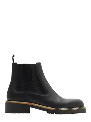 Burberry Calf Leather Chelsea Boots With Checked Trim - Black