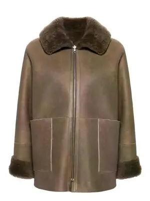LISKA Spread-collar Leather Coat - Brown