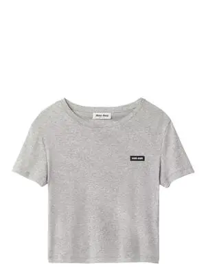 Miu Miu Ribbed Jersey T-shirt With Logo Patch - Grey