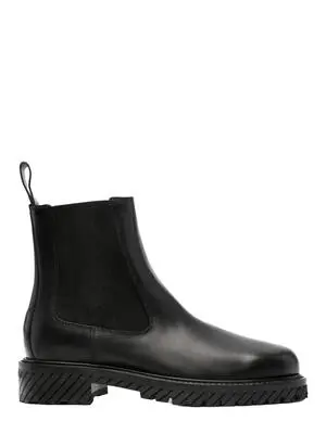 Off-White Round-toe Leather Ankle Boots - Black