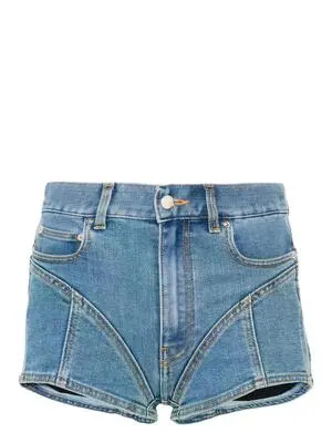 MUGLER Bi-material Denim Shorts - Blue