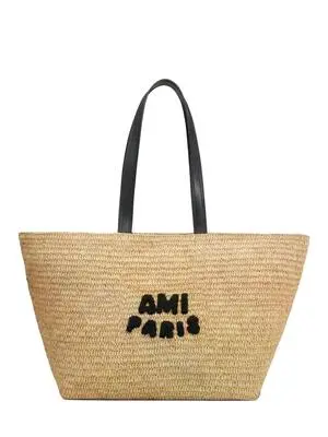 AMI Paris Raffia Tote Bag With Logo Patch - Neutrals