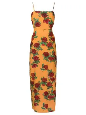 AMIR SLAMA Silk Rose-print Midi Dress - Orange