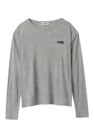 Miu Miu Long Sleeve Ribbed Jersey T-shirt With Logo Patch - Grey