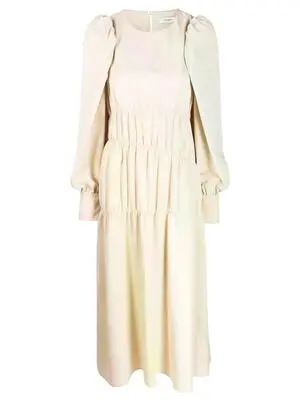 Goen.j Ruched Puffed-sleeve Midi Dress - Neutrals
