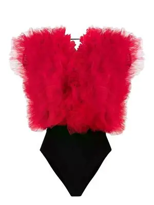 Alchemy Fashions Ruffled-trim Sleeveless Bodysuit - Red