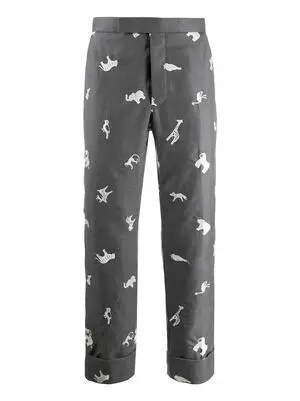 Thom Browne Animal-embroidered Cropped Trousers - Grey