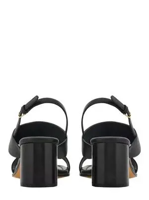 FERRAGAMO Gancini Buckle Leather Block Heel Sandals - Black