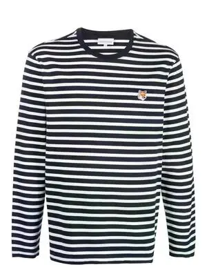 Maison Kitsuné Fox-motif Striped Cotton T-shirt - Blue