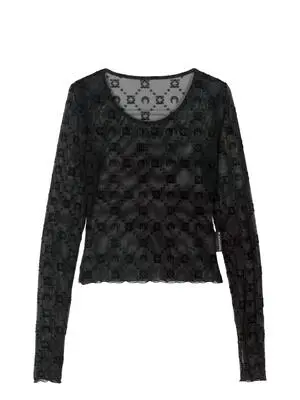 MARINE SERRE Flocked Monogram Sheer Mesh Cropped Top - Black