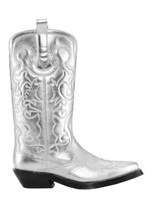 GANNI 40mm Metallic Leather Western Boots - Silver