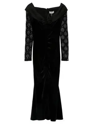 NISSA Floral-appliqué Velvet Midi Dress - Black