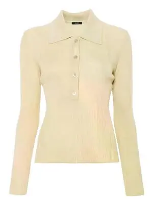 JOSEPH Ribbed Merino Wool Polo Top - Neutrals