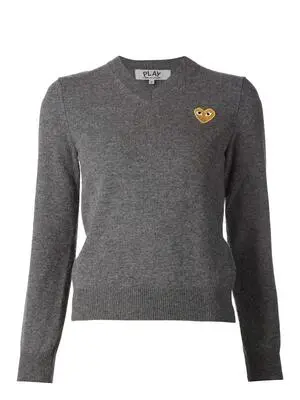 Play Comme Des Garcon Embroidered Heart V-neck Sweater - Grey