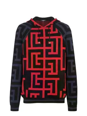 Balmain Monogram-print Drawstring Hoodie - Blue