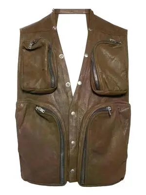 Rick Owens Leather V-neck Gilet - Brown