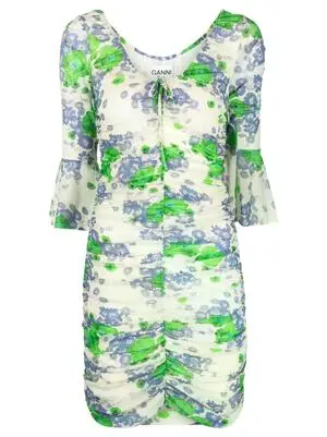 GANNI Floral-print Ruched Minidress - Neutrals