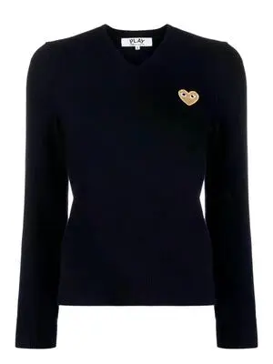 Play Comme Des Garcon Heart-patch V-neck Wool Sweater - Blue