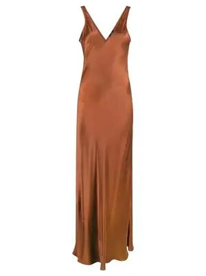 Voz Silk V-neck Long Dress - Brown