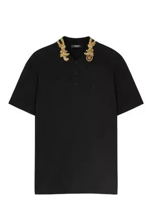 Versace Barocco Leaf Embroidered Polo Shirt - Black