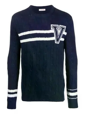 Valentino Garavani Embroidered-logo Striped Wool Jumper - Blue