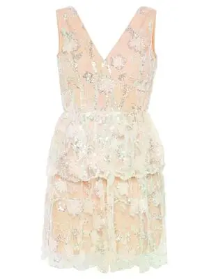 SELF-PORTRAIT Sequined Lace Mini Dress - Neutrals