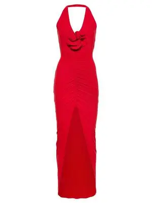 NISSA Floral-appliqué Ruched Gown - Red