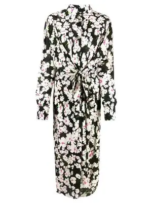 MSGM Floral-print Tie-fastening Cady Midi Dress - Black