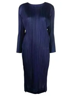Issey Miyake Pleated Long-sleeve Midi Dress - Blue