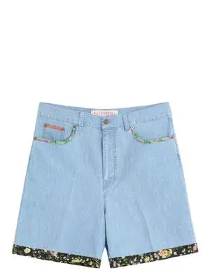 Valentino Garavani Denim Bermuda Shorts With Floral Print Hem - Blue