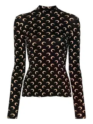 MARINE SERRE Crescent Moon Print Mock Neck Long Sleeve Top - Black