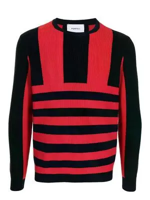 PORTS V Striped Knitted Jumper - Red