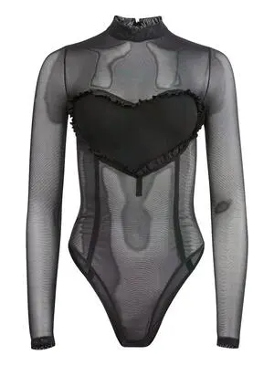 FLEUR DU MAL Mesh Ruffle Heart Bodysuit - Black