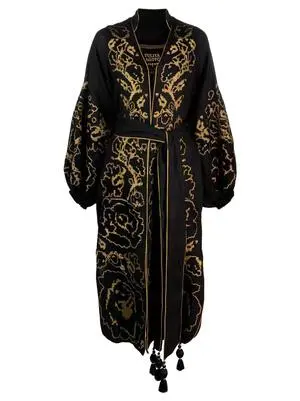 Yuliya Magdych Floral-embroidered Belted Dress - Black