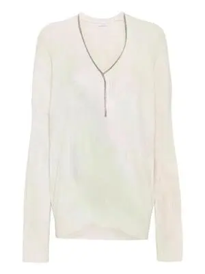 Brunello Cucinelli Ribbed Jumper With Monili Chain Detail - Neutrals
