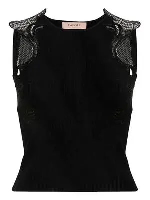 TWINSET Lace-detail Ribbed-knit Top - Black